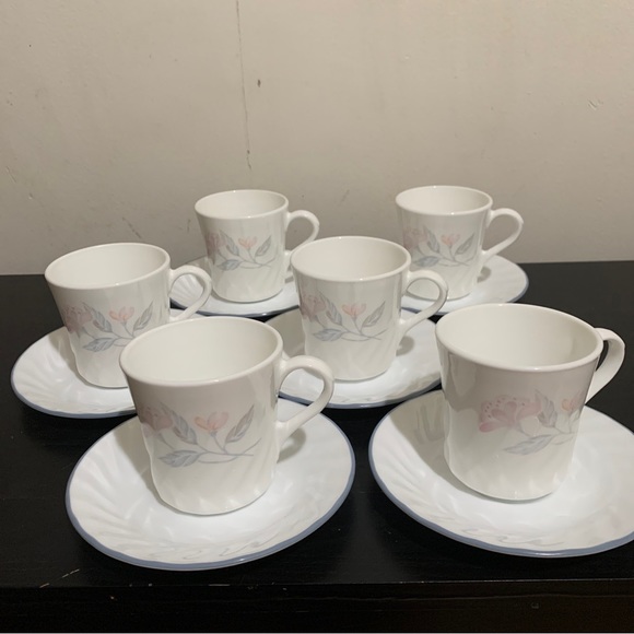 Corelle | Dining | Corelle Pink Trio Flowers Cups Gray Rim Saucer Set ...